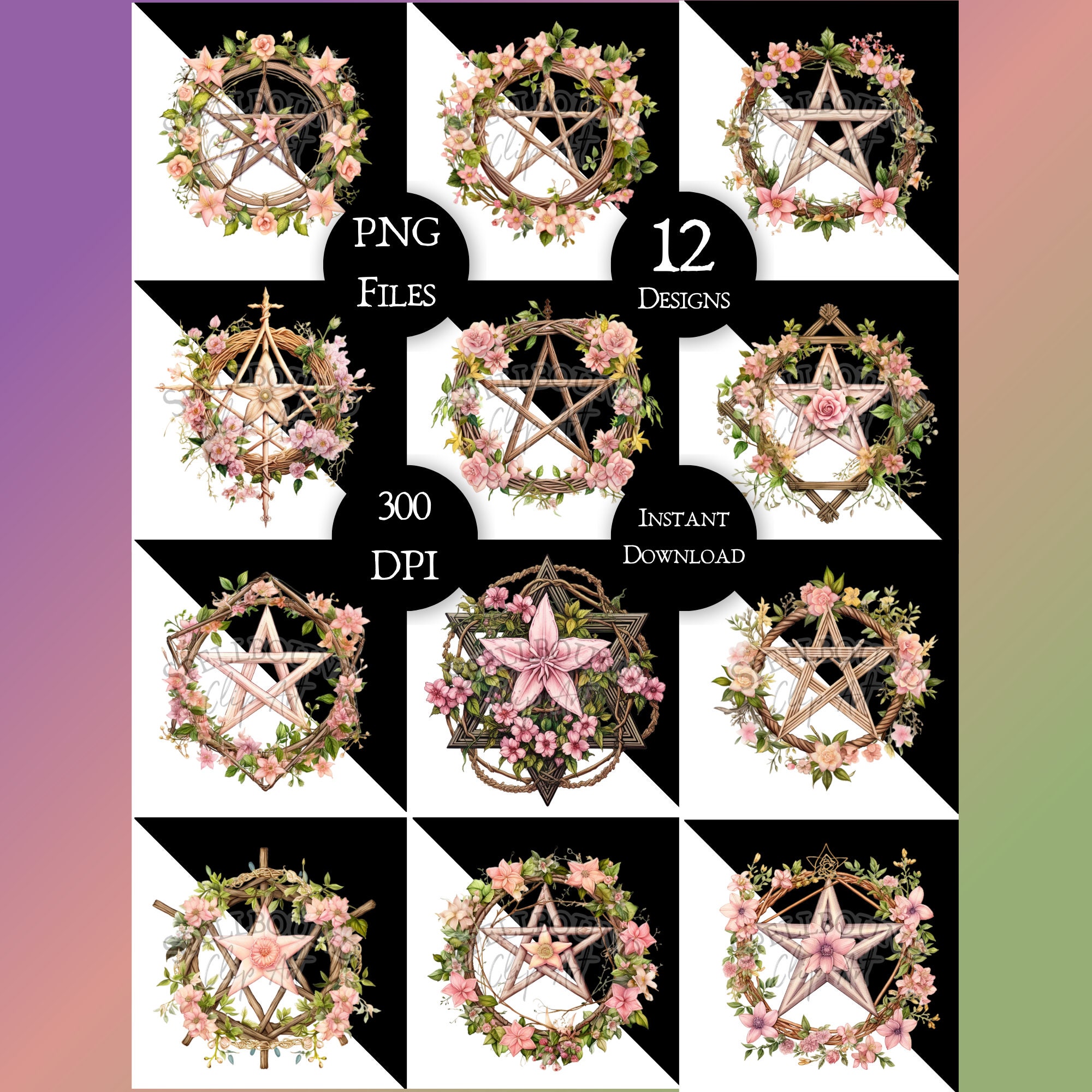 Pink Floral Pentagrams Digital Clipart, Commercial Use, Instant ...