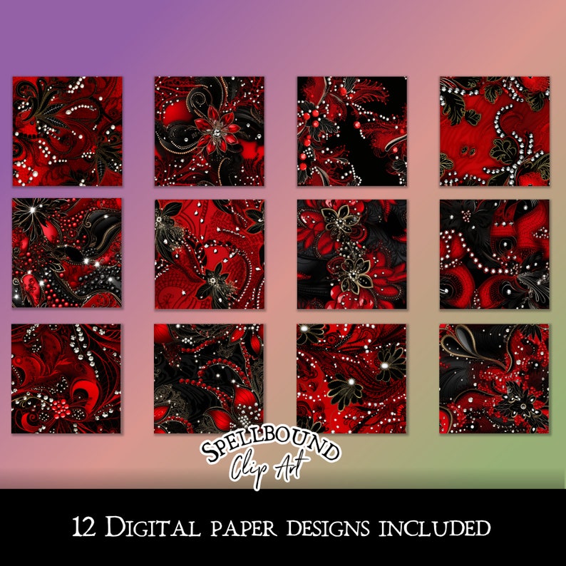 Red & Black Digital Ephemera Seamless Digital Papers, Commercial Use ...