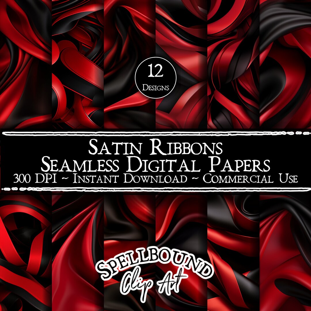 Red & Black Satin Ribbons Seamless Digital Papers, Commercial Use ...
