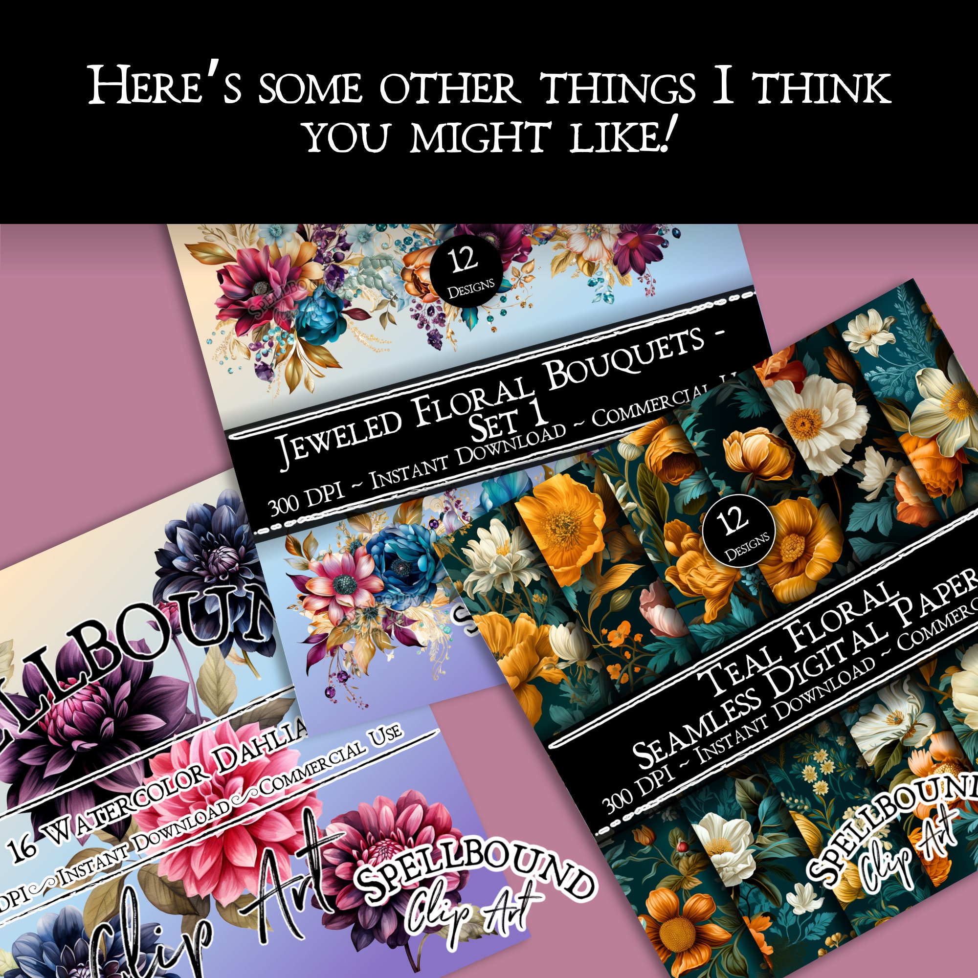 Turquoise & Gold Floral Bouquets Digital Clipart, Commercial Use ...