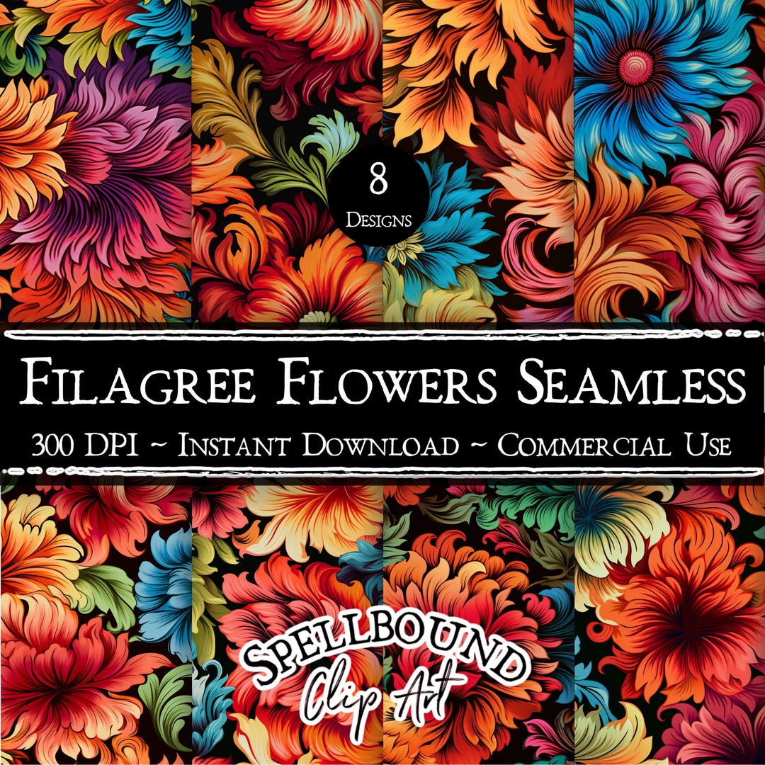 Bright Colorful Filagree Flower Seamless Digital Papers, Commercial Use ...