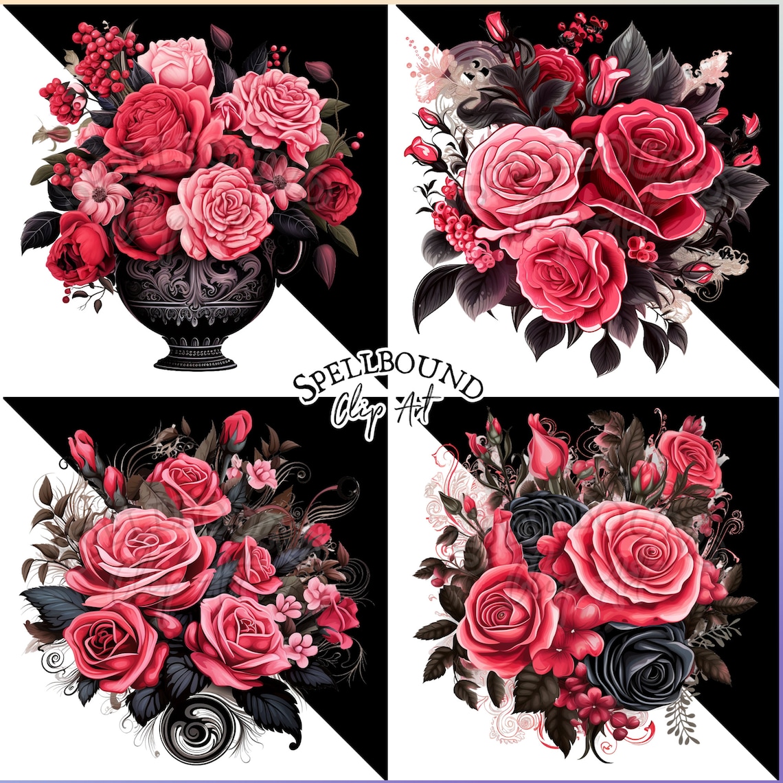 Goth Valentine's Day Flower Bouquets Digital Clipart, Commercial Use ...
