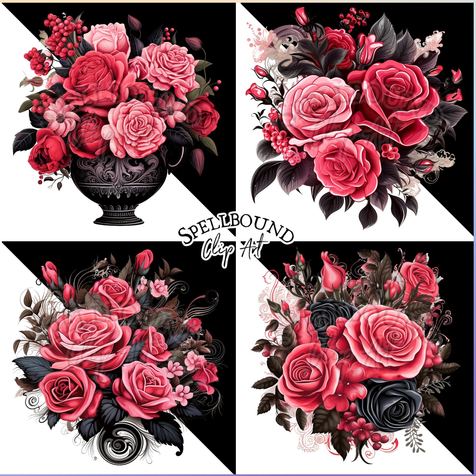 Goth Valentine's Day Flower Bouquets Digital Clipart, Commercial Use ...