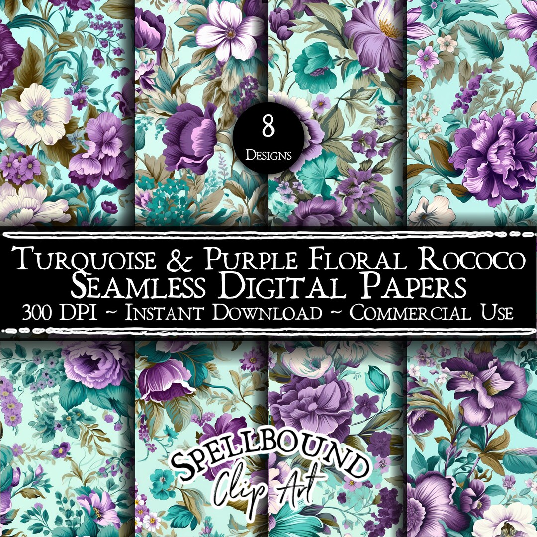 Turquoise & Purple Floral Rococo Seamless Digital Papers, Commercial ...