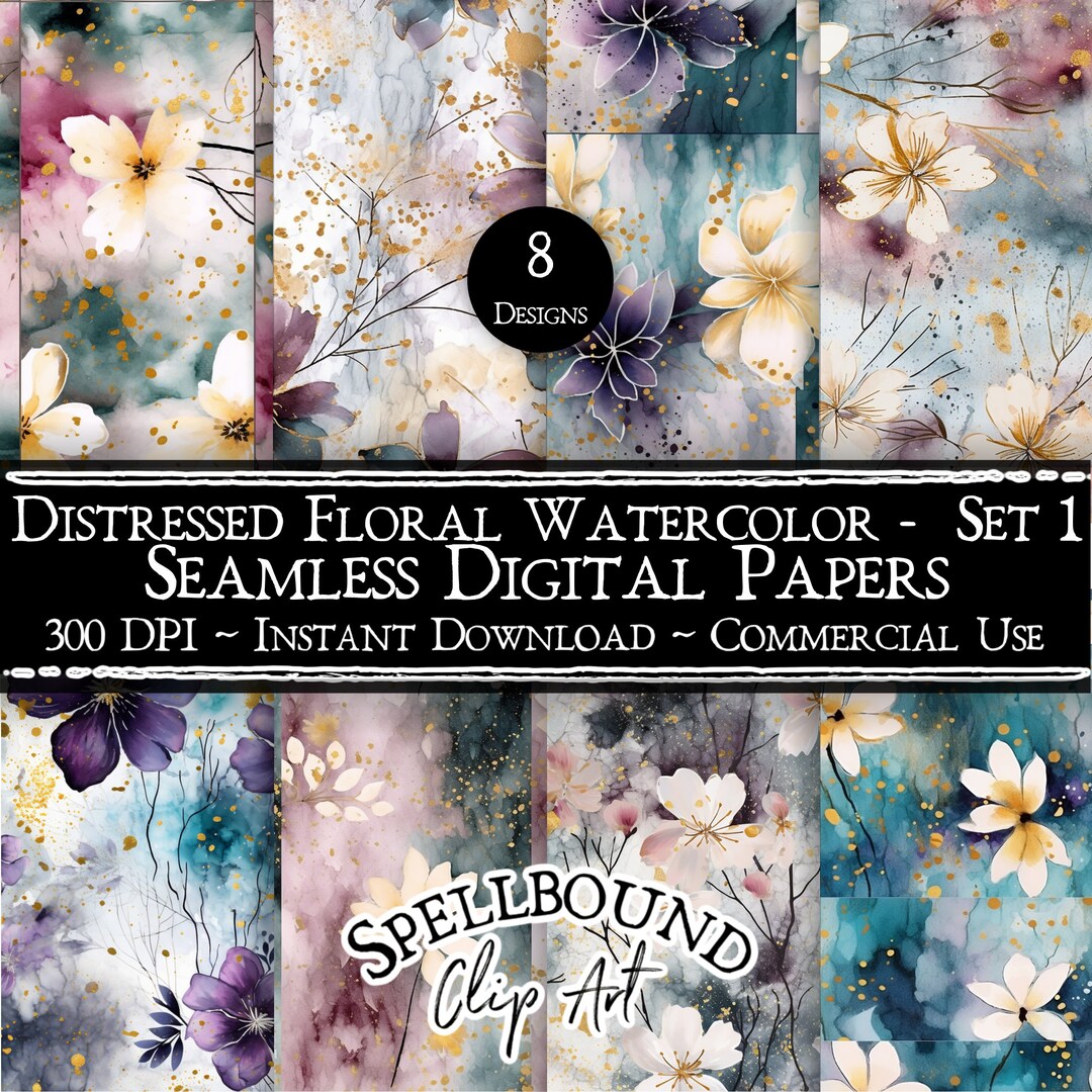 Distressed Watercolor Floral Seamless Digital Papers, Commercial Use ...