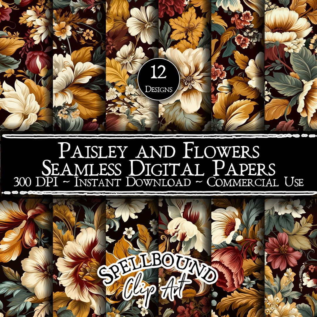 Paisley and Flowers Seamless Digital Papers, Commercial Use, Instant ...
