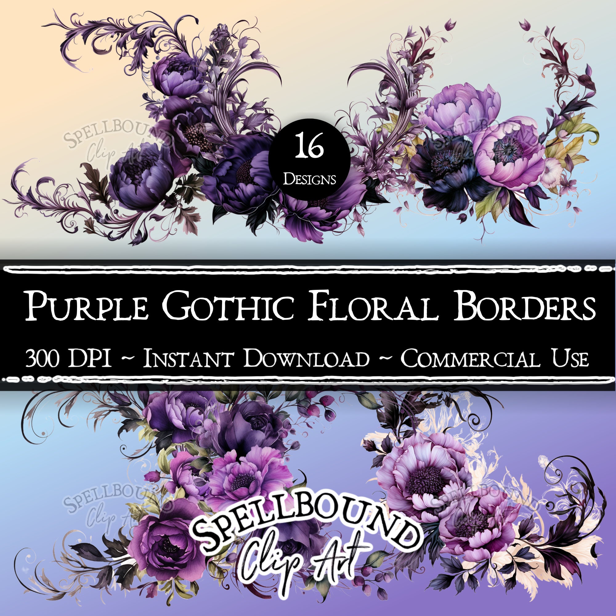 Purple Gothic Flower Borders Digital Clipart, Commercial Use, Instant ...