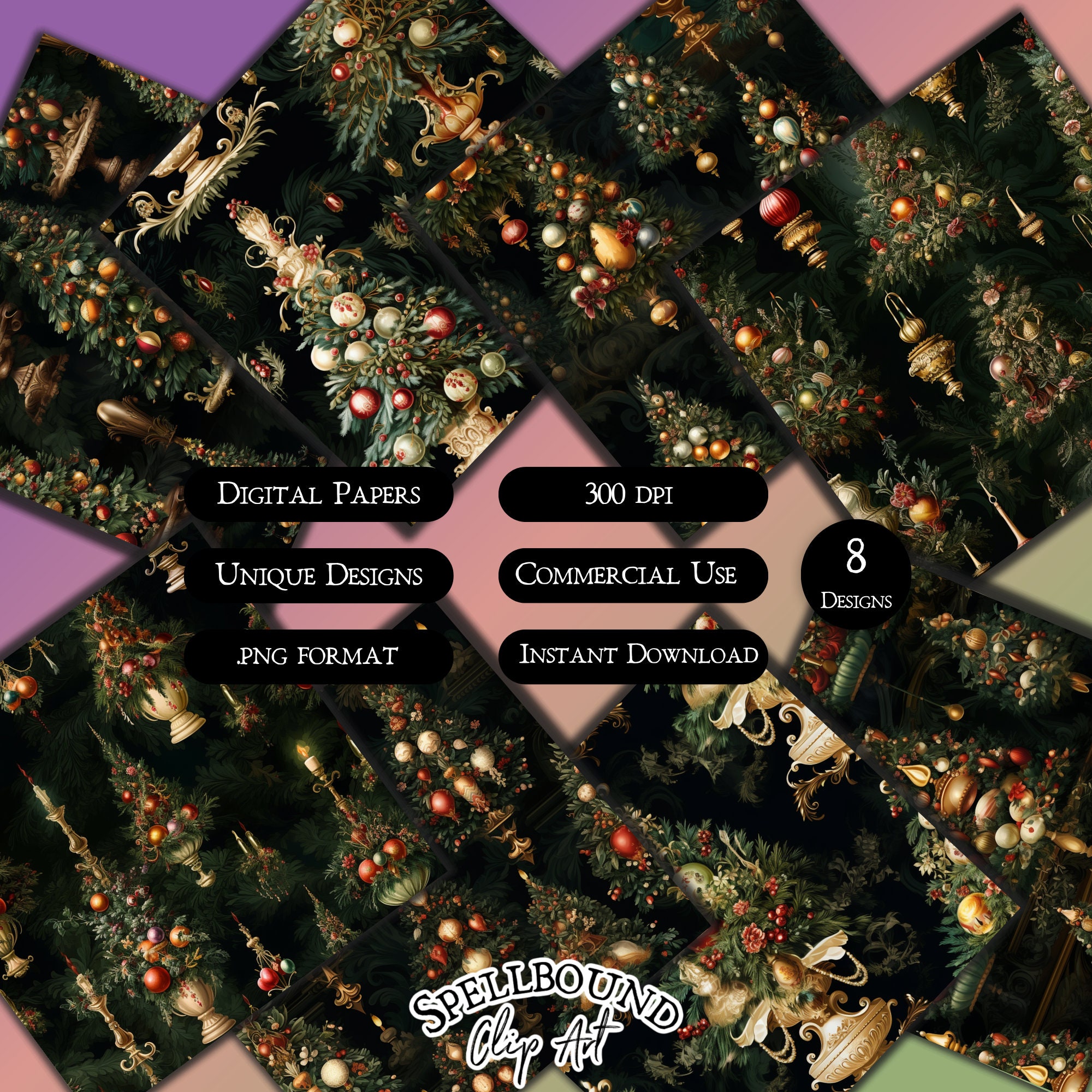 Rococo Christmas Trees Seamless Digital Papers, Commercial Use, Instant ...