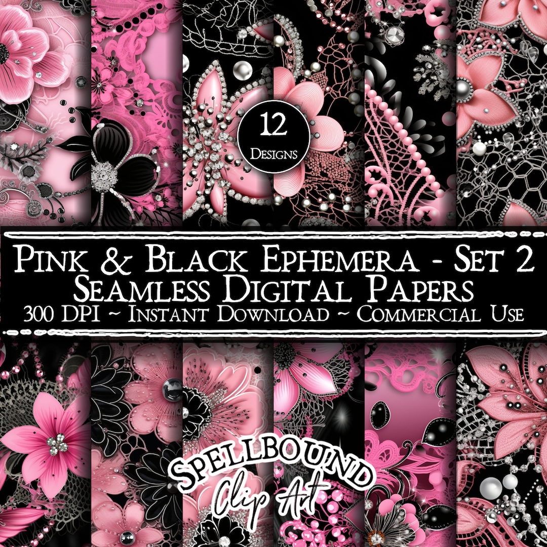 Pink & Black Digital Ephemera Seamless Digital Papers, Commercial Use ...