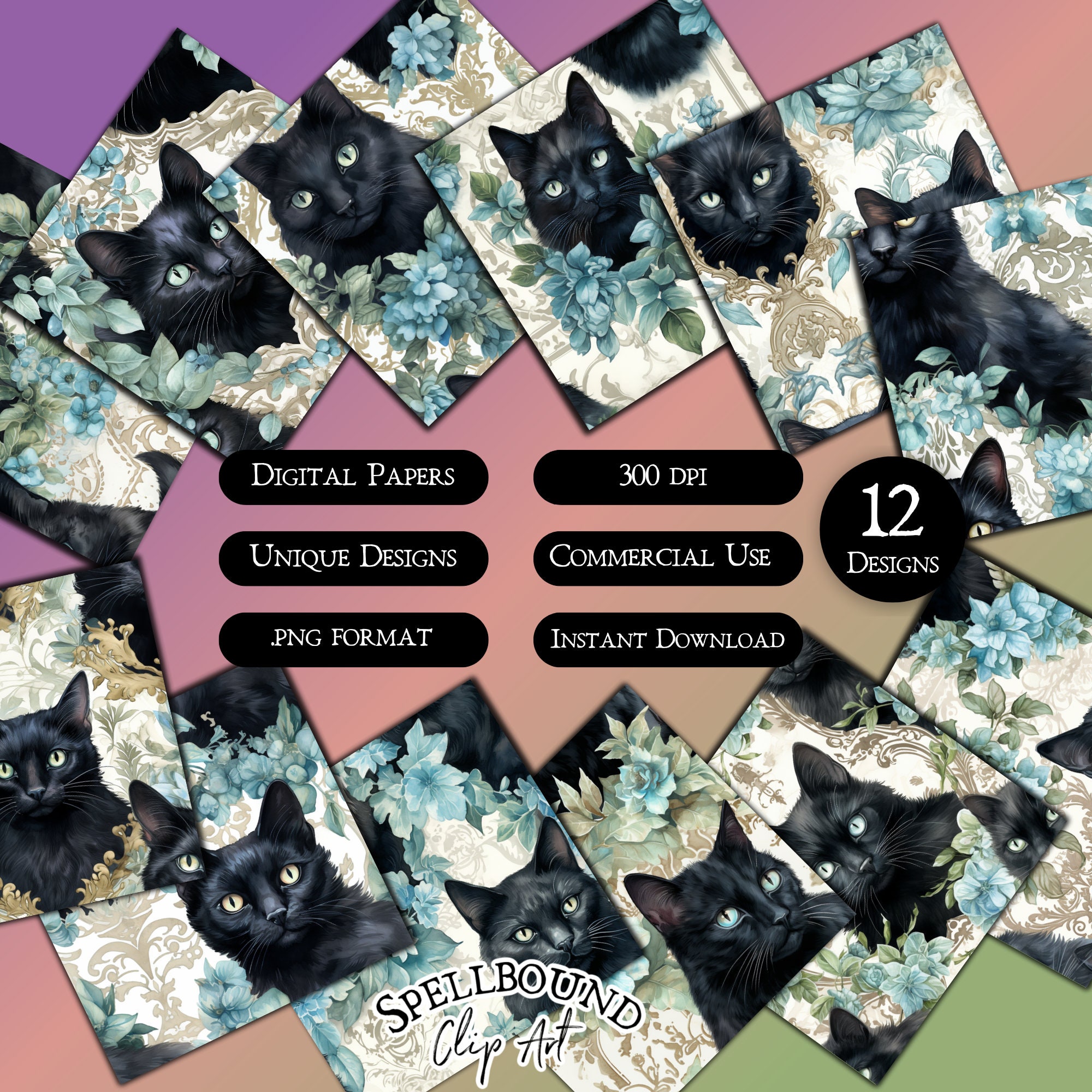Cats and Blue Flowers Seamless Digital Papers, Commercial Use, Instant ...