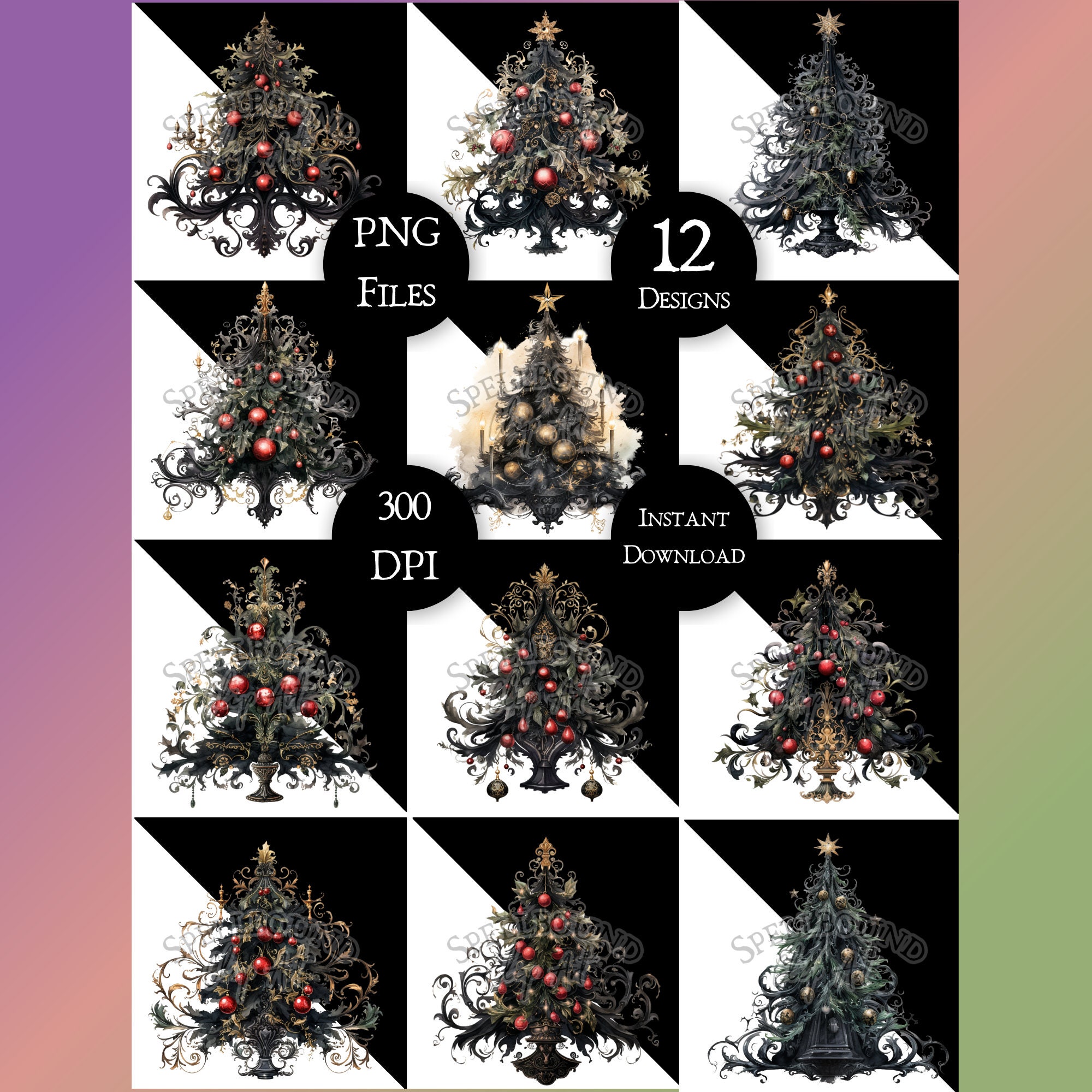 Goth Christmas Trees Digital Clipart Commercial Use Instant - Etsy