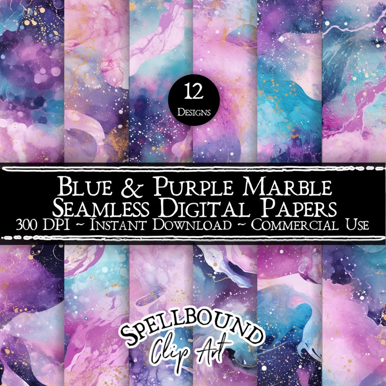 Blue and Purple Marble Seamless Digital Papers, Commercial Use, Instant ...