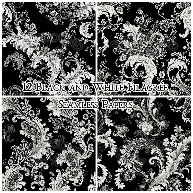 Black and White Filagree Seamless Digital Papers, Commercial Use ...