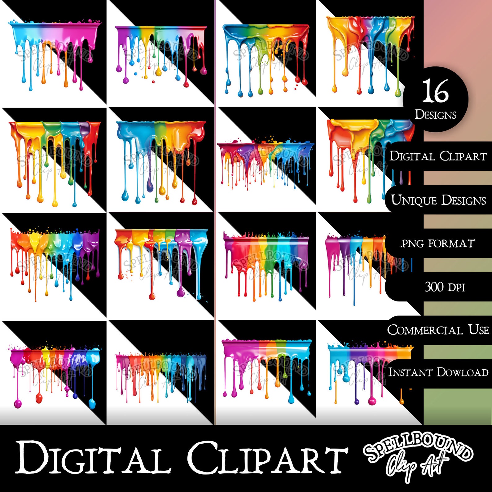 Rainbow Paint Drip Borders Digital Clipart, Commercial Use, Instant ...