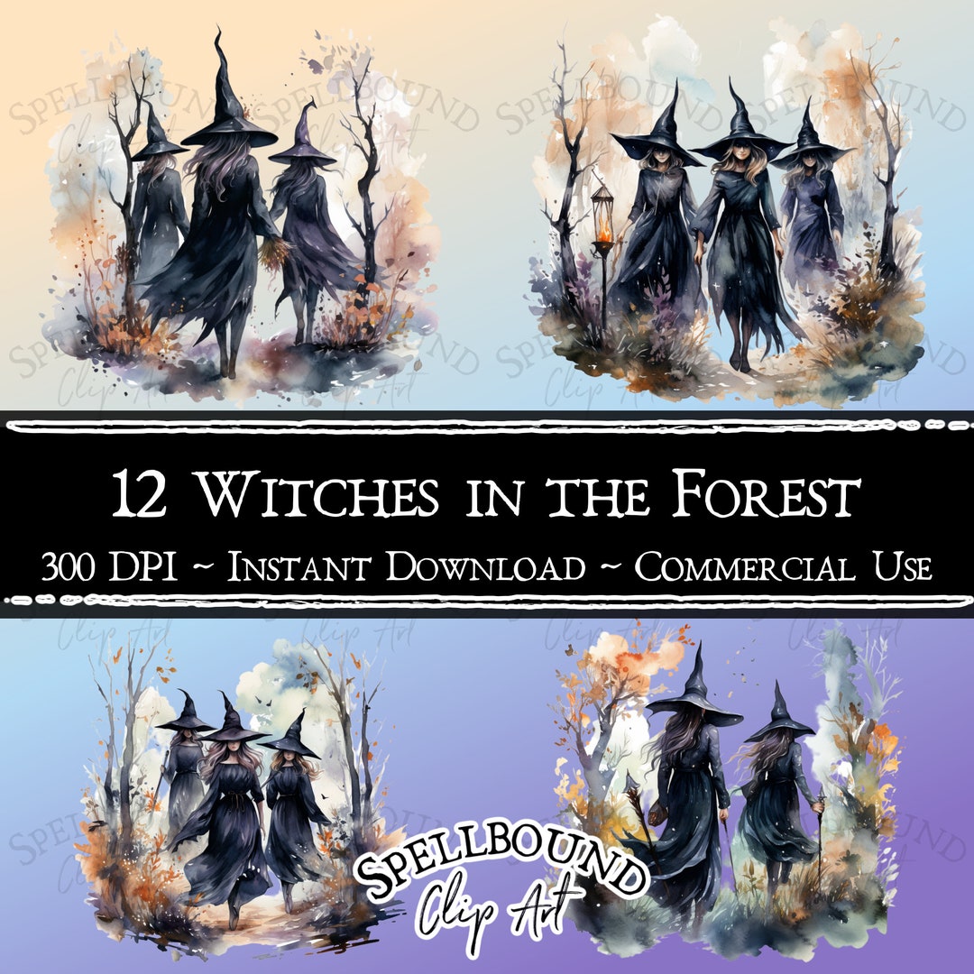 Watercolor Witches in the Forest Digital Clipart, Commercial Use ...