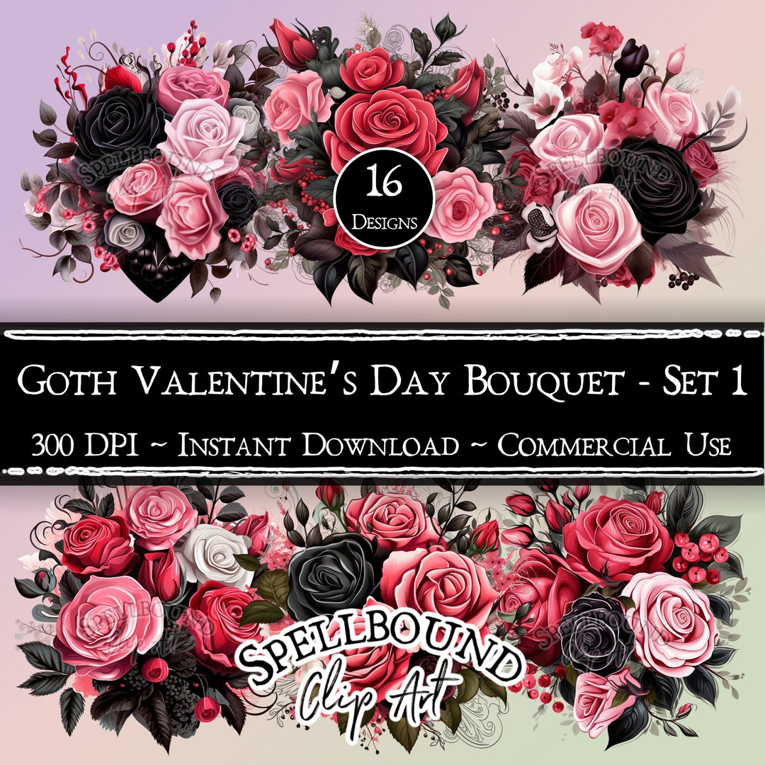 Goth Valentine's Day Flower Bouquets Digital Clipart, Commercial Use ...