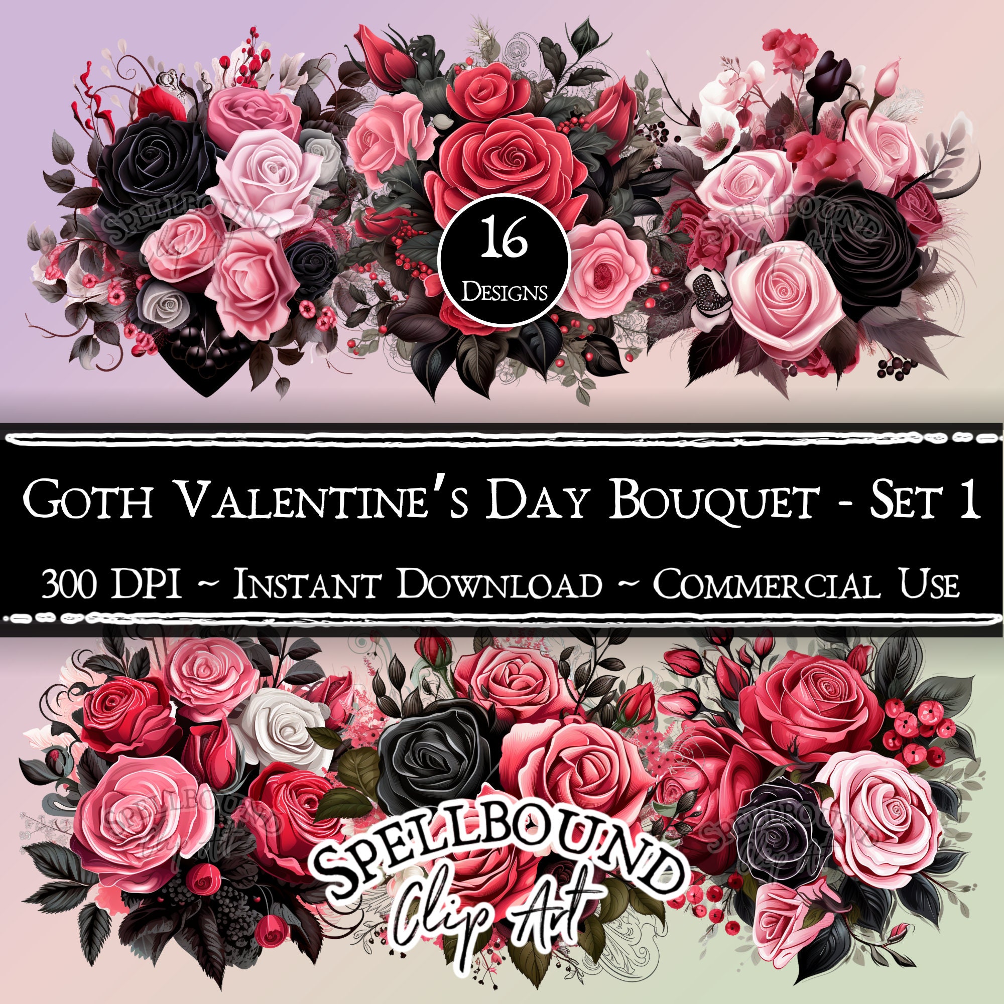 Goth Valentine's Day Flower Bouquets Digital Clipart, Commercial Use ...