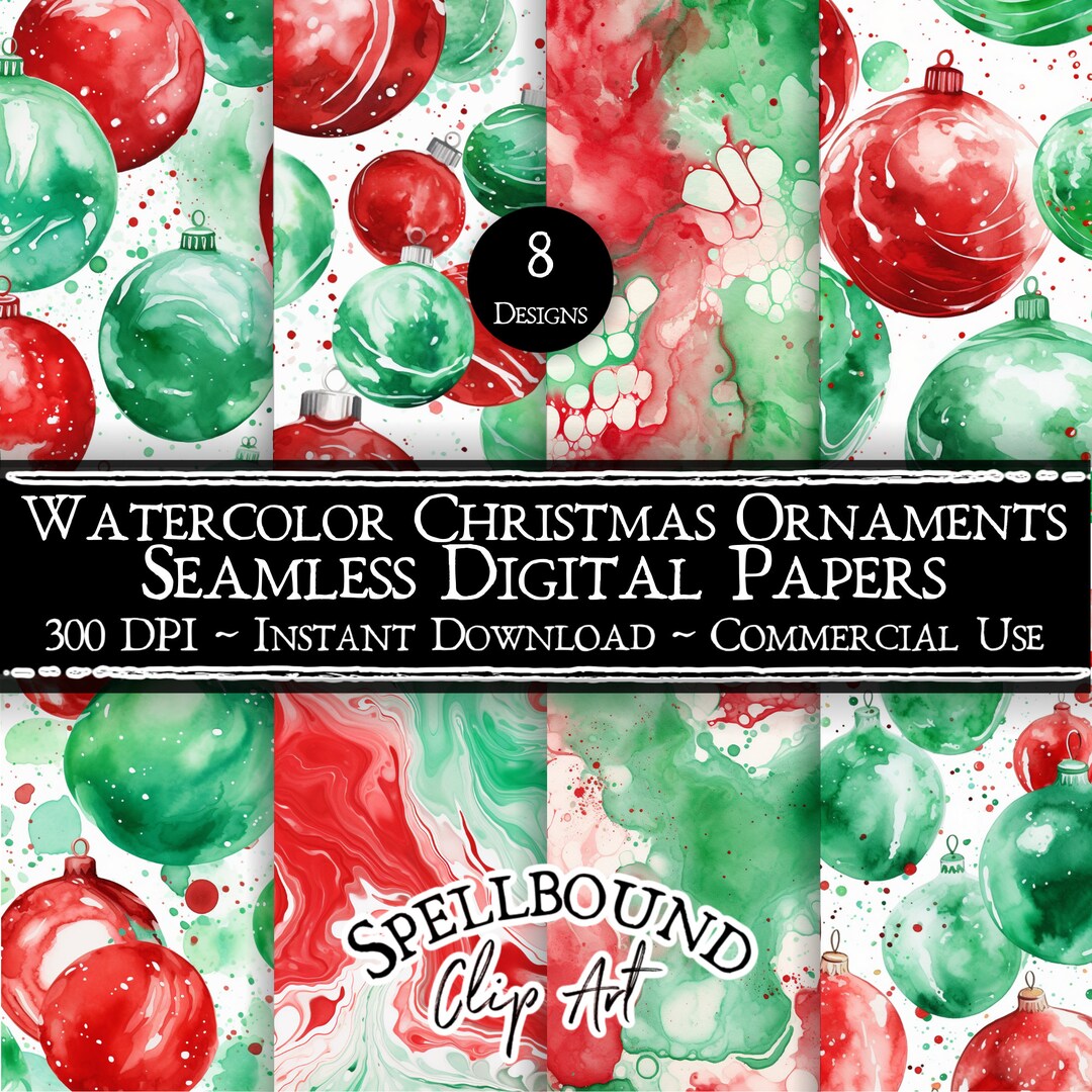 Watercolor Christmas Ornaments Seamless Digital Papers, Commercial Use ...