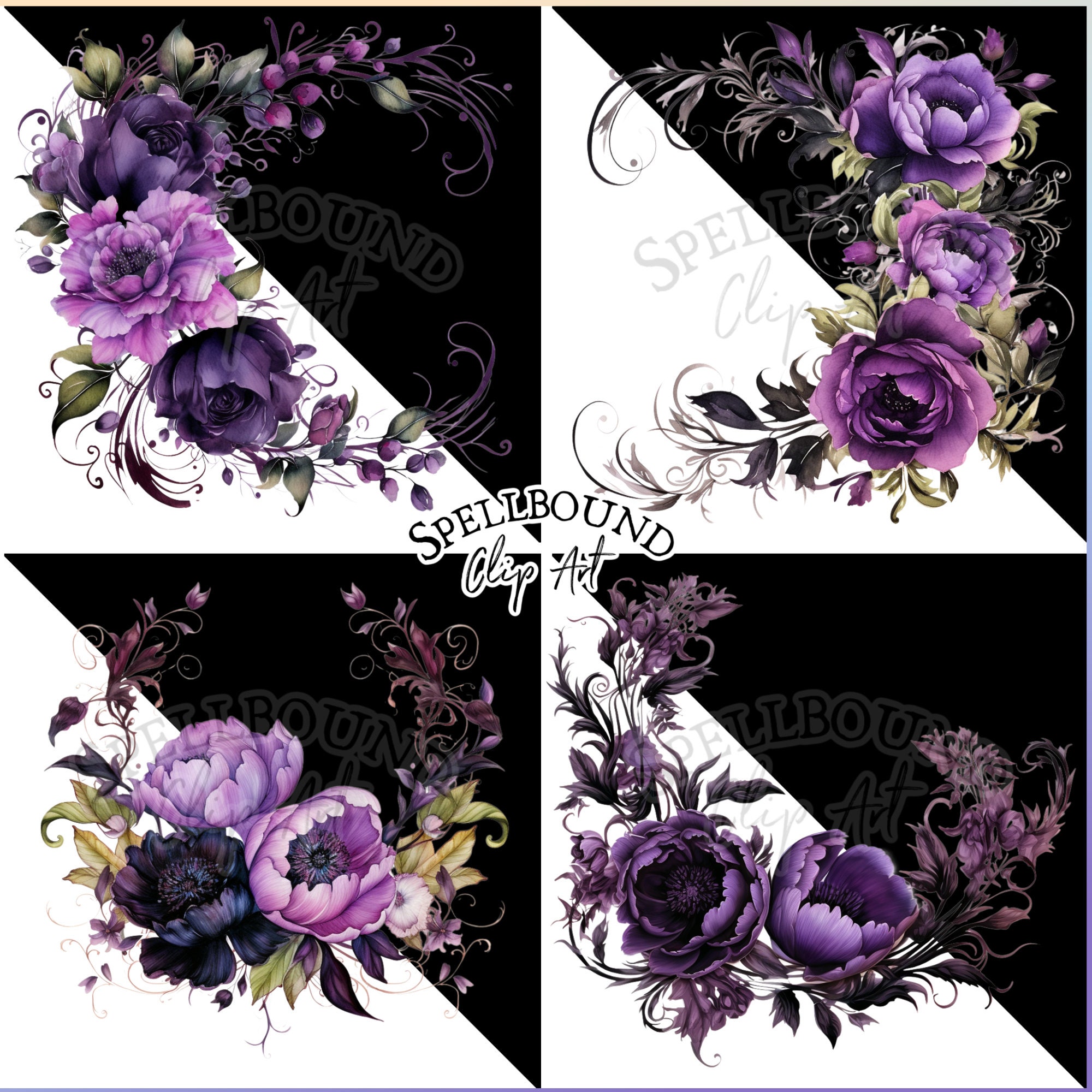 Purple Gothic Flower Borders Digital Clipart, Commercial Use, Instant ...