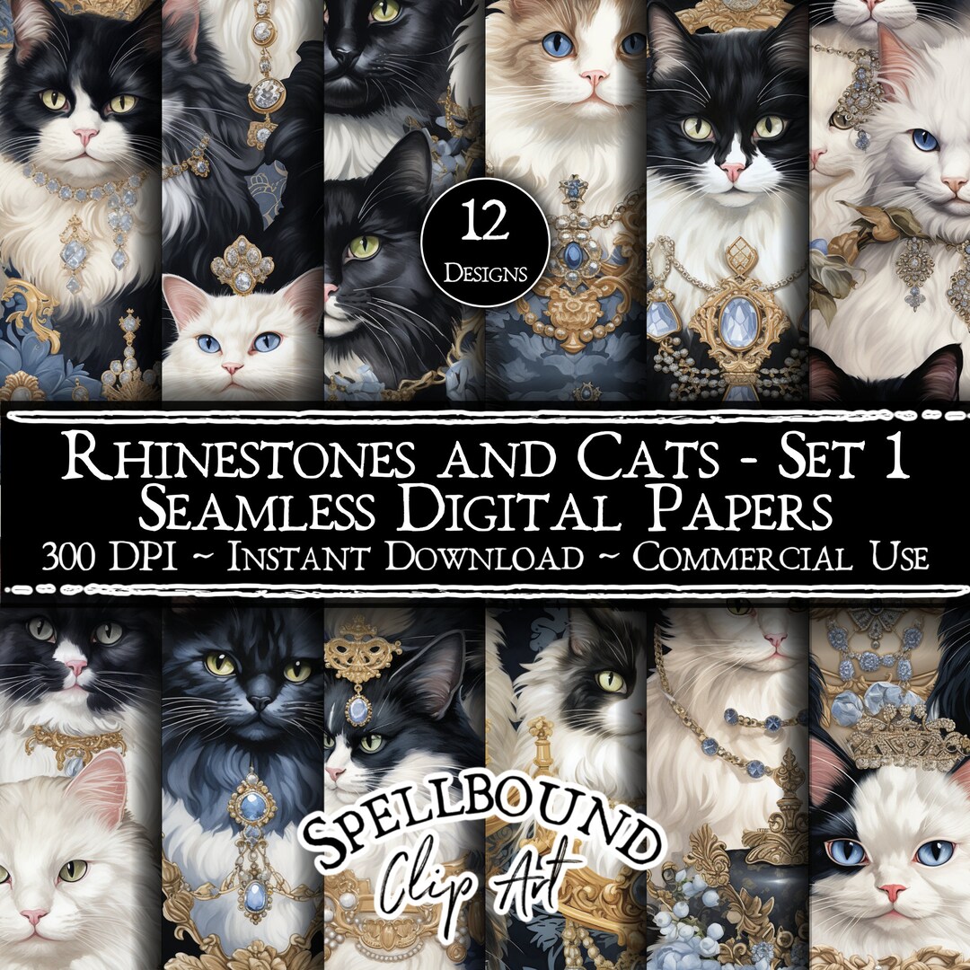 Rhinestones & Cats Seamless Digital Papers, Commercial Use, Instant ...