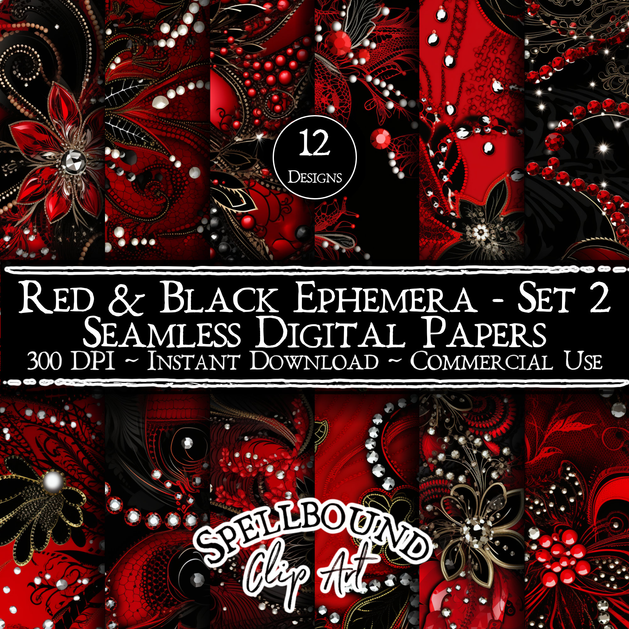 Red & Black Digital Ephemera Seamless Digital Papers, Commercial Use ...