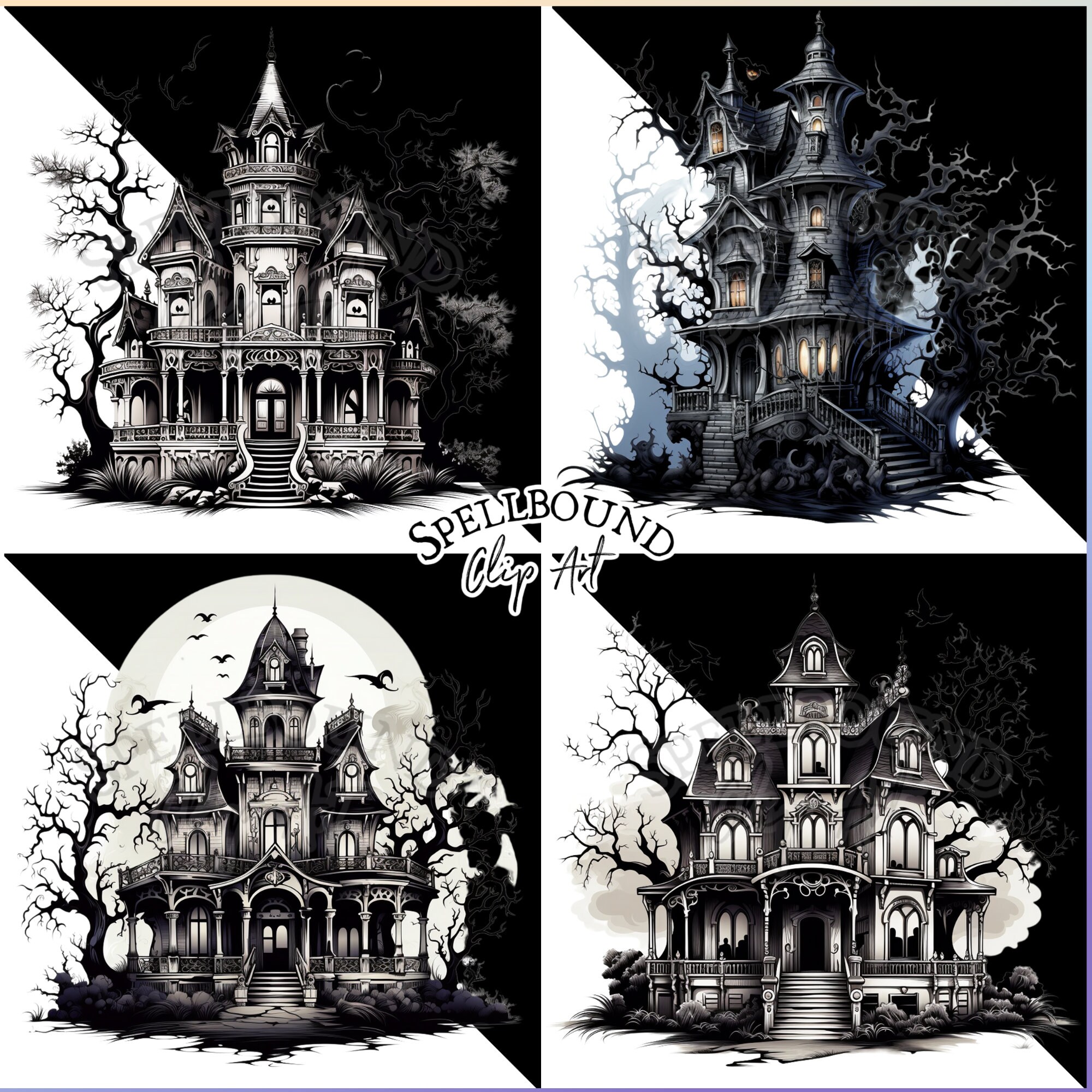 Haunted Houses Digital Clipart, Commercial Use, Instant Download, Fall ...