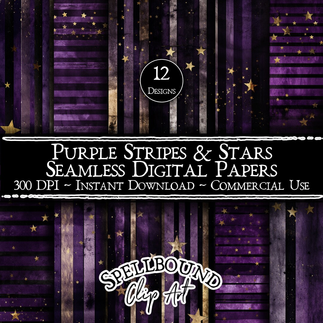 Purple and Gold Stars and Stripes Seamless Digital Papers, Commercial ...