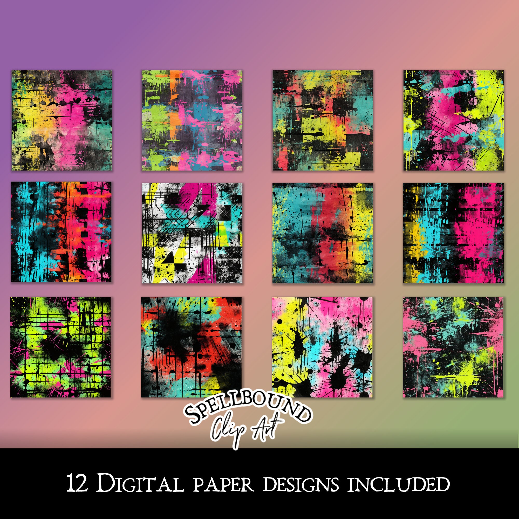 Neon Distressed Grunge Seamless Digital Papers, Commercial Use, Instant ...