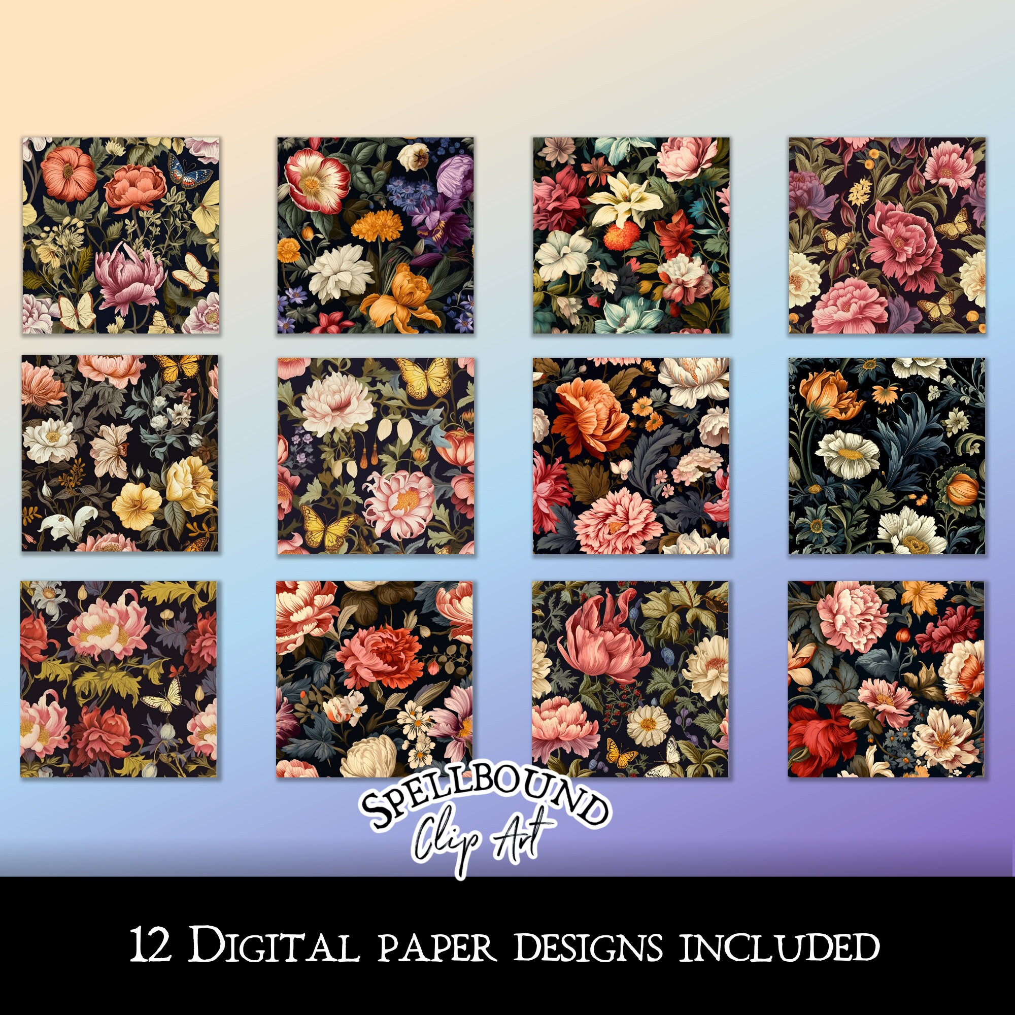 Dark Floral Seamless Digital Papers, Commercial Use, Instant Download ...