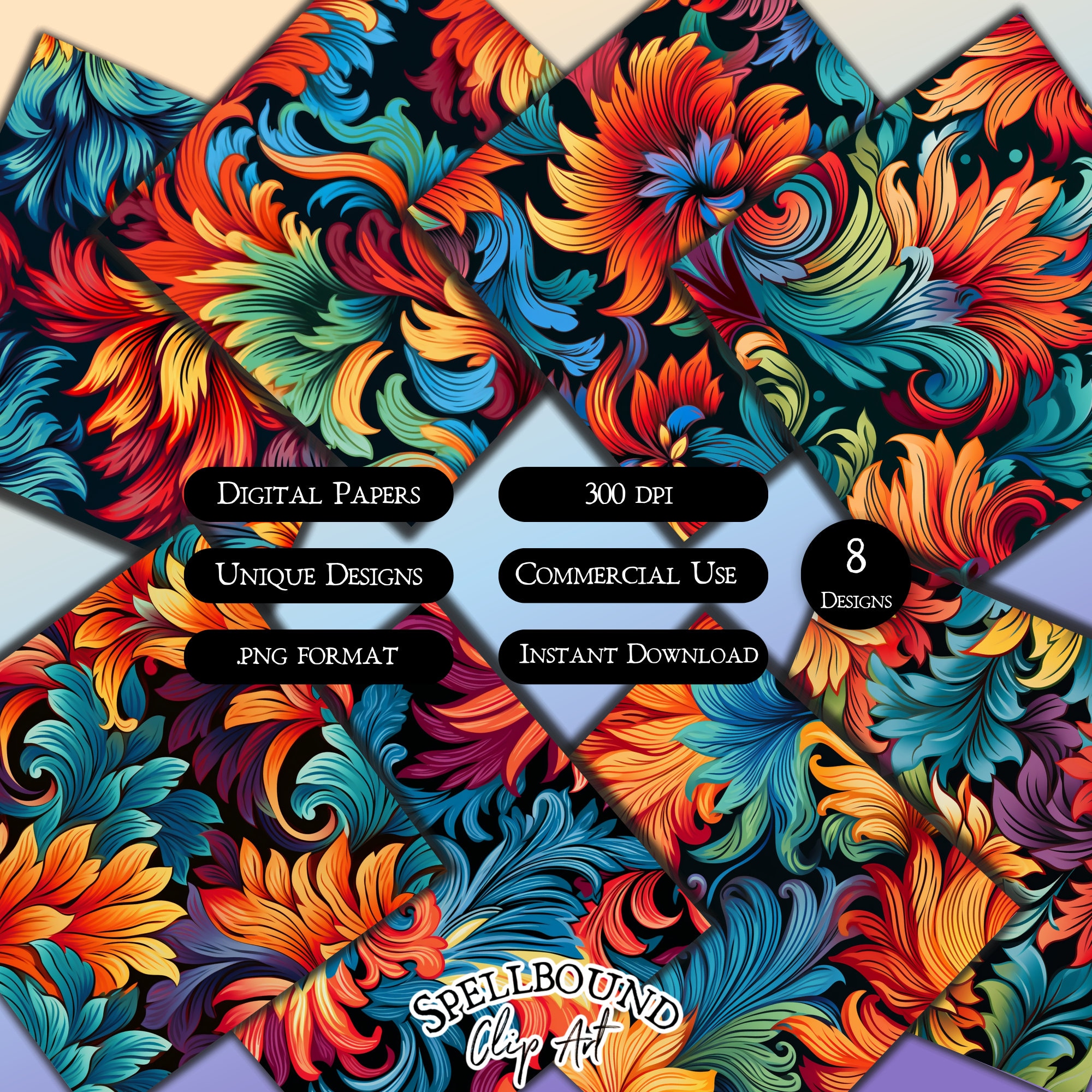 Rainbow Filagree Flower Seamless Digital Papers, Commercial Use ...