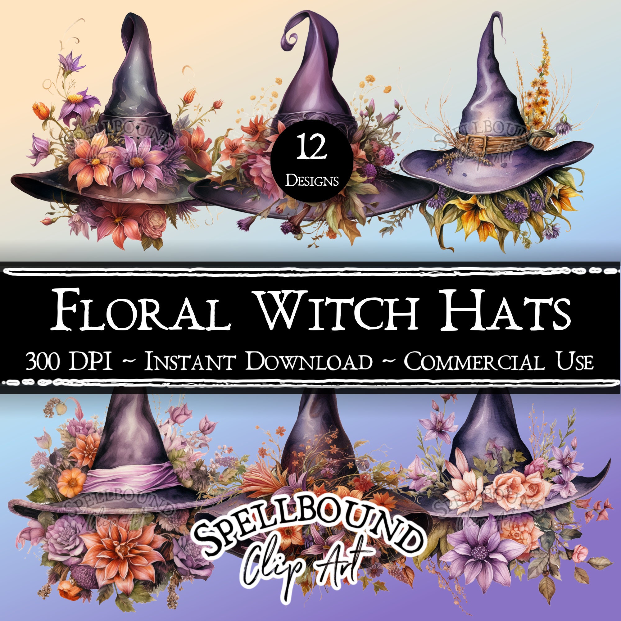 Floral Witch Hat Digital Clipart Commercial Use Instant - Etsy