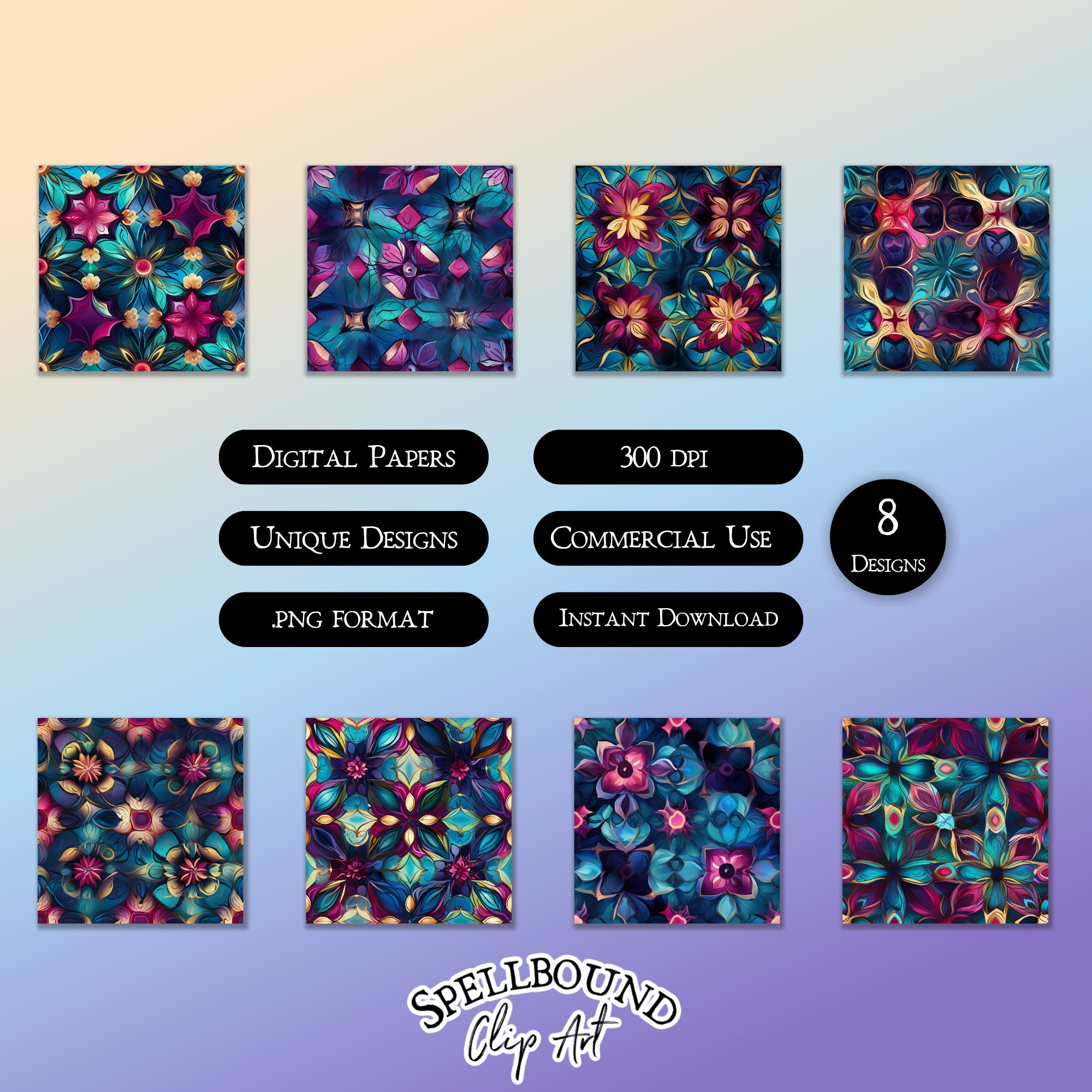 Kaleidoscope Geometric Mosaic Seamless Digital Papers, Commercial Use ...