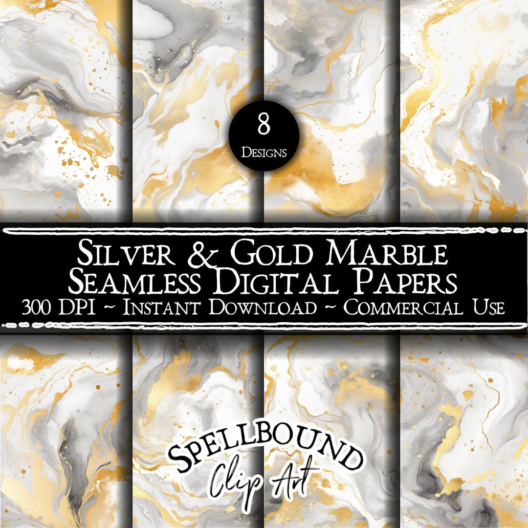 Silver & Gold Marble Seamless Digital Papers, Commercial Use, Instant ...