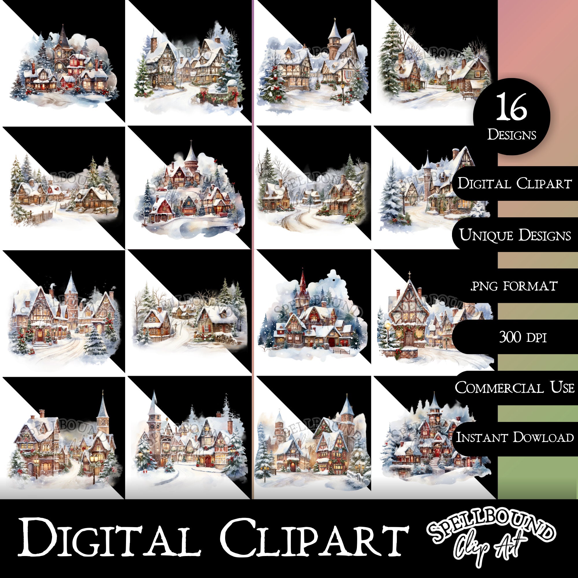 Snowy Village Digital Clipart, Commercial Use, Instant Download ...