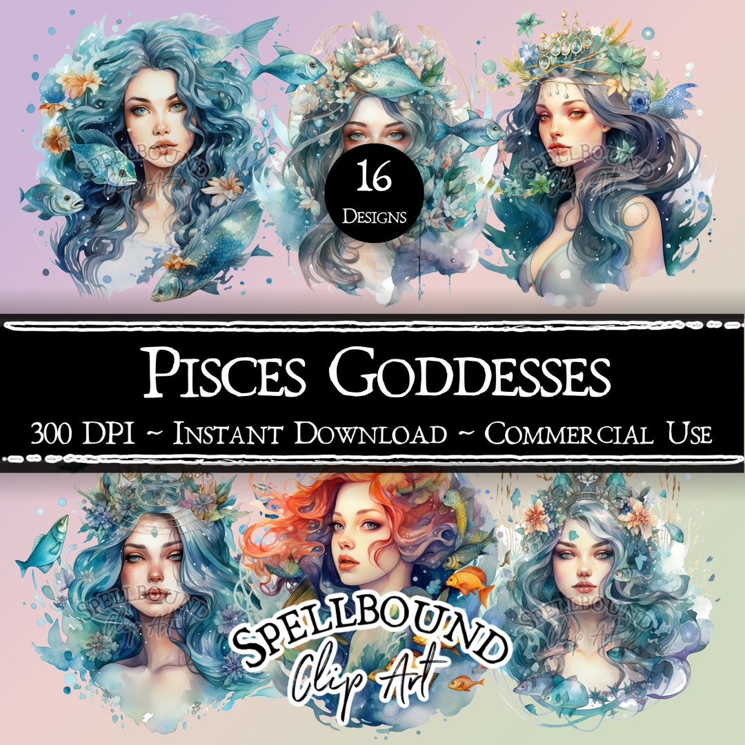 Watercolor Pisces Goddess Digital Clipart, Commercial Use, Instant Download, Goddess Clip Art ...