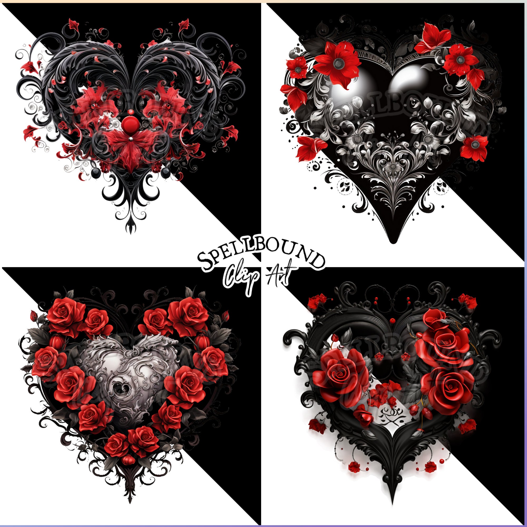 Goth Hearts Digital Clipart, Commercial Use, Instant Download, Filagree ...