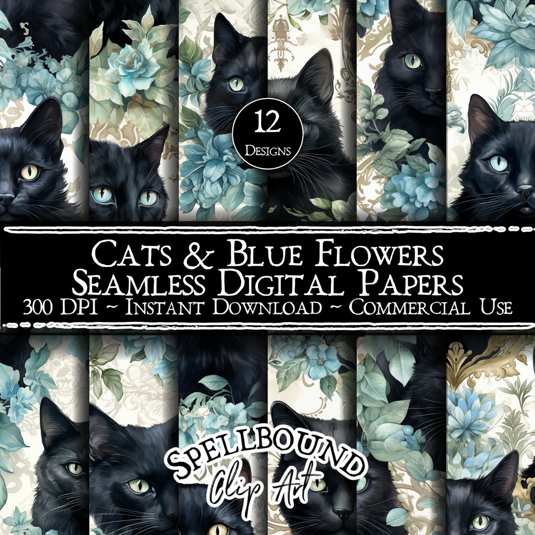 Cats and Blue Flowers Seamless Digital Papers, Commercial Use, Instant ...