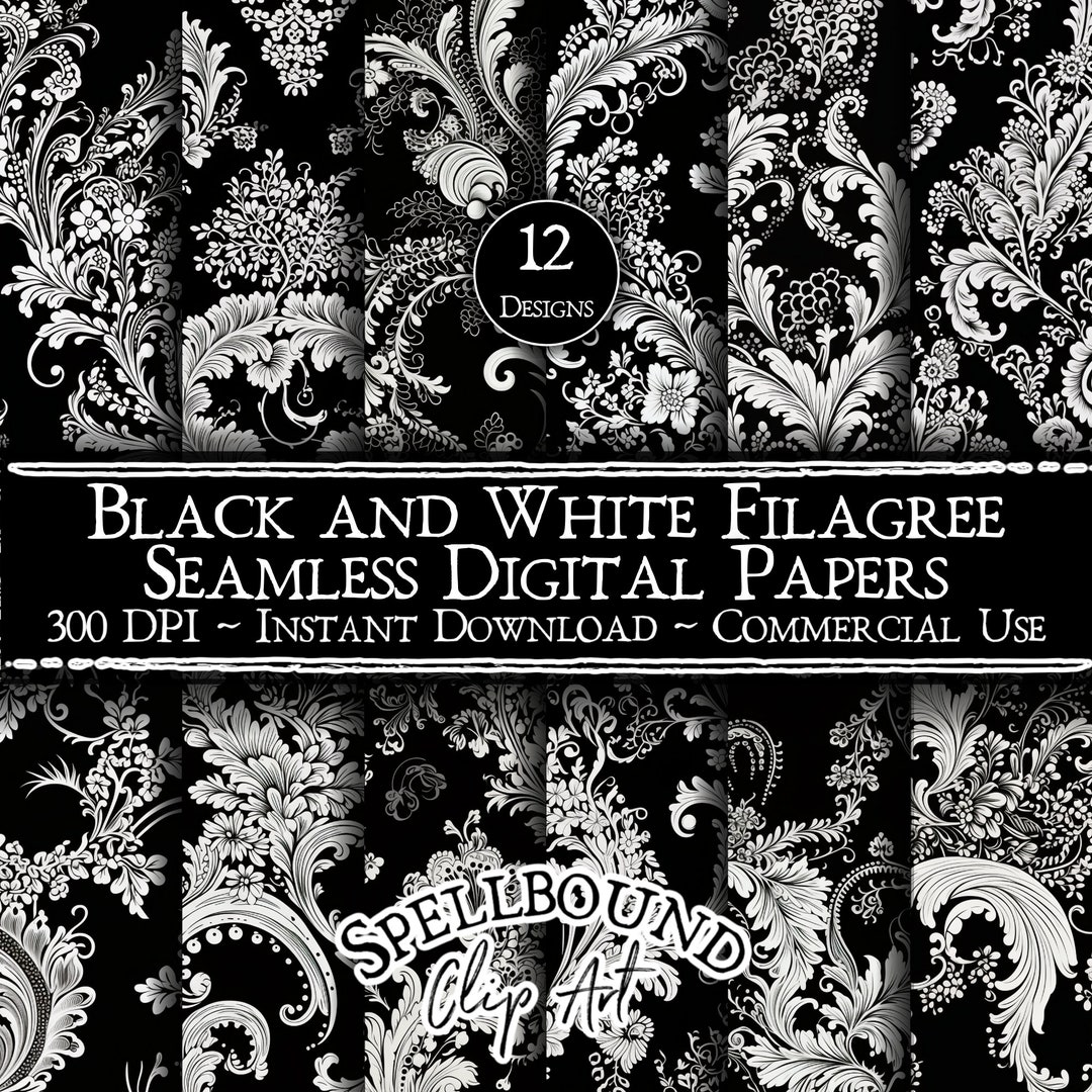 Black and White Filagree Seamless Digital Papers, Commercial Use ...