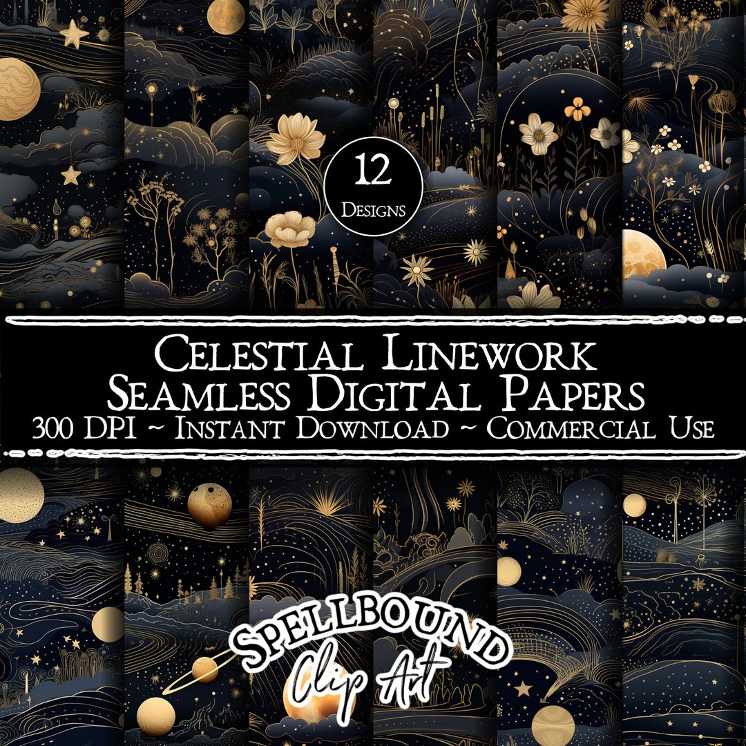 Celestial Linework Seamless Digital Papers, Commercial Use, Instant ...