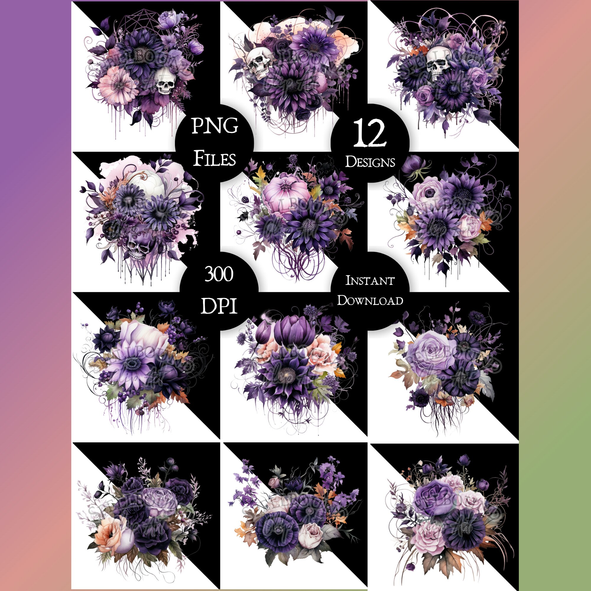 Purple Gothic Flower Bouquets Digital Clipart, Commercial Use, Instant ...