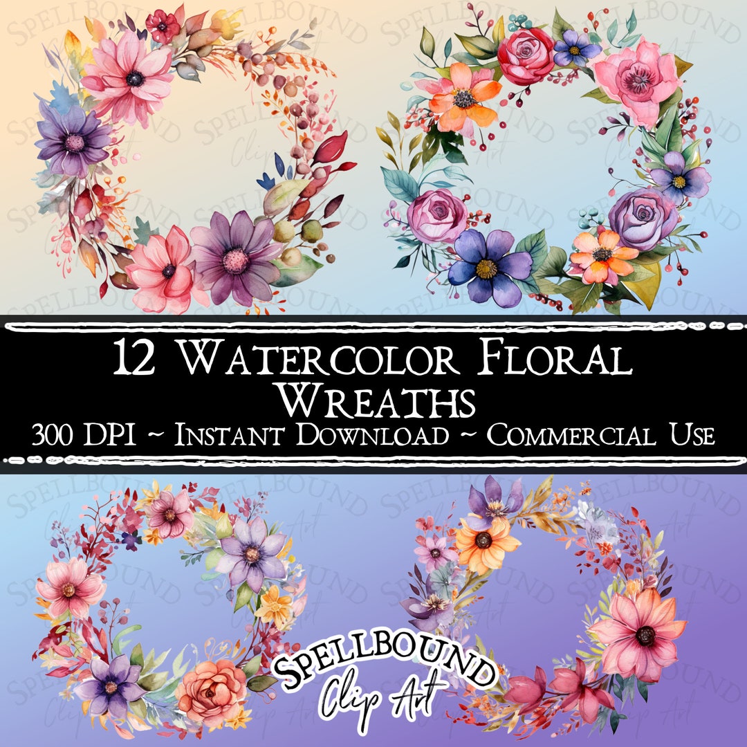 Watercolor Floral Wreath Digital Clipart Commercial Use Instant ...