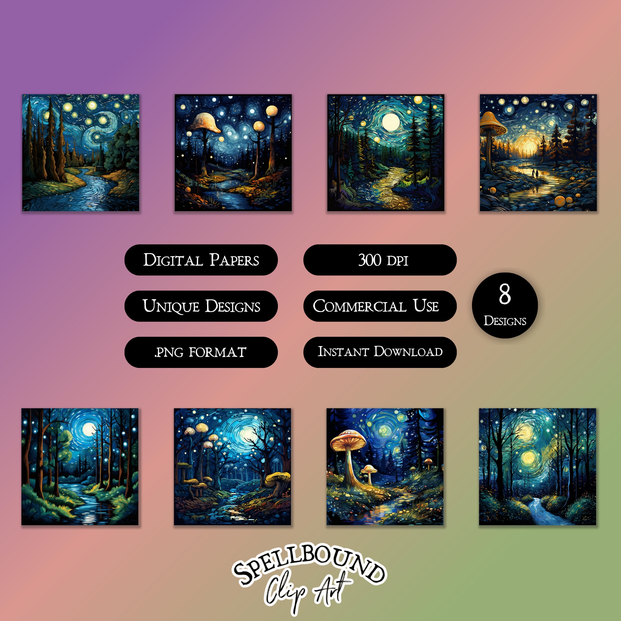 Starry Night Inspired Digital Papers, Commercial Use, Instant Download ...