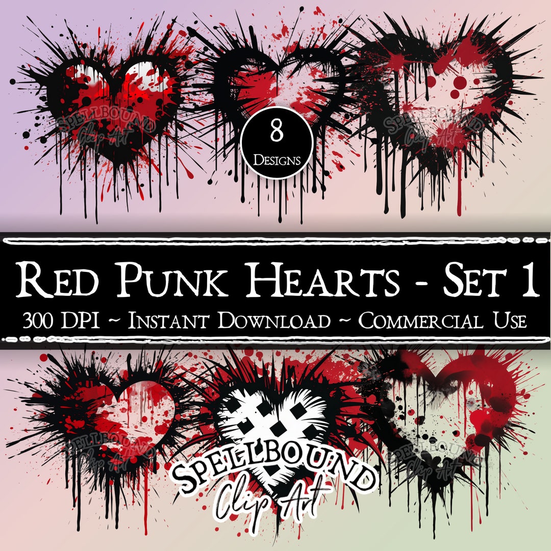 Red Punk Hearts Digital Clipart, Commercial Use, Instant Download, PNG ...