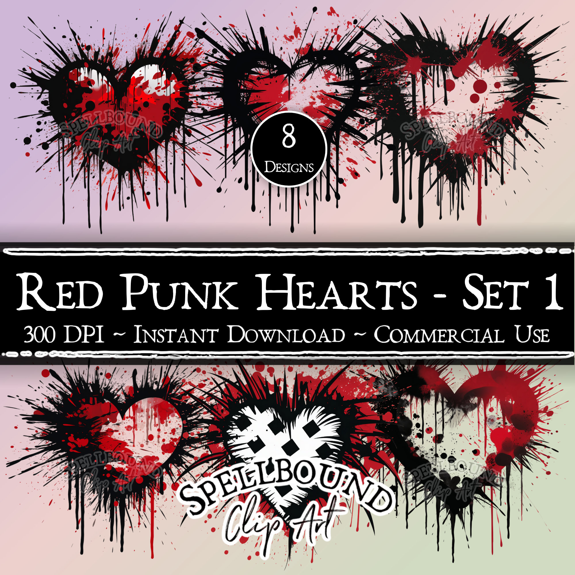 Red Punk Hearts Digital Clipart, Commercial Use, Instant Download, PNG ...