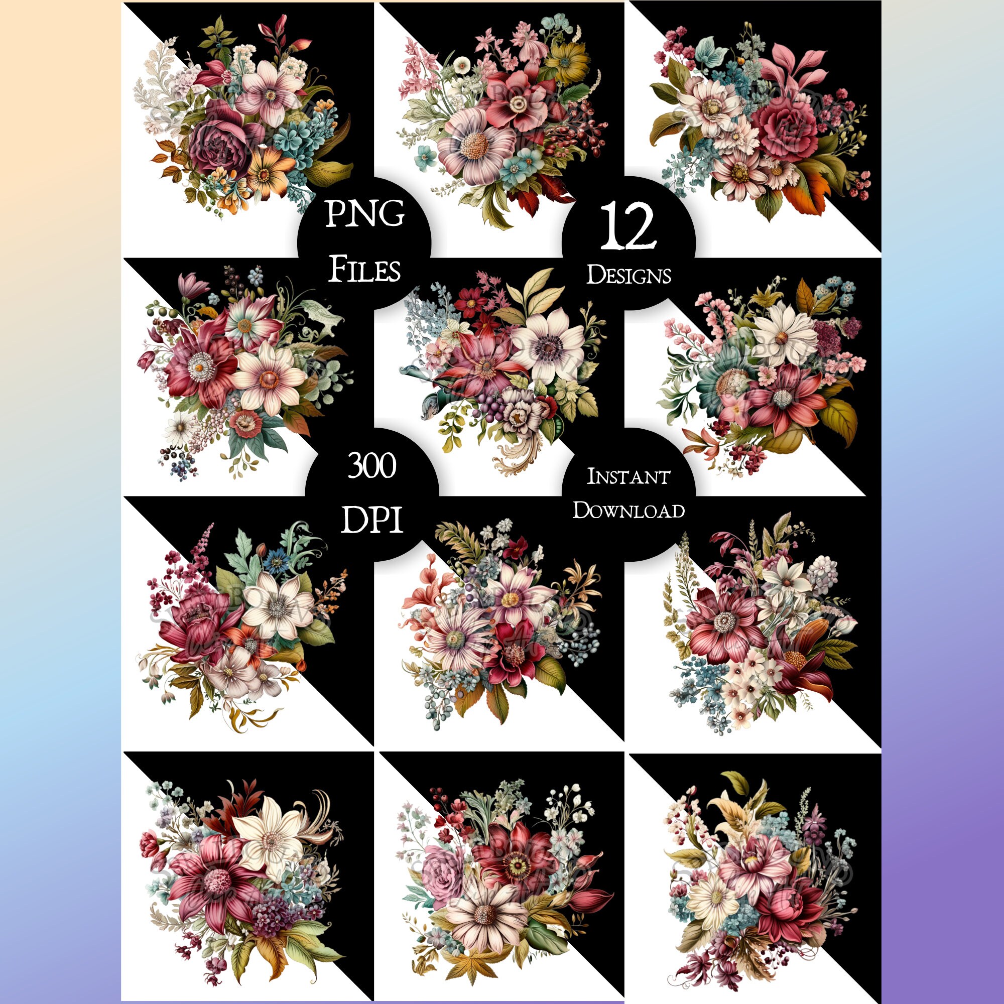 Cottagecore Flower Bouquets Digital Clipart, Commercial Use, Instant ...