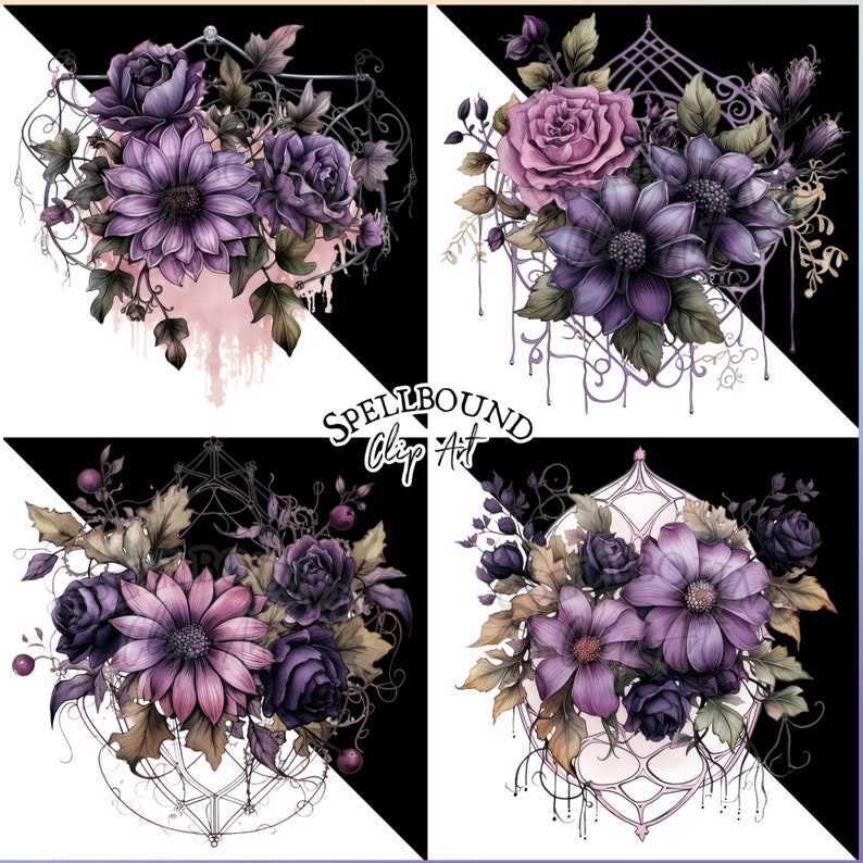Purple Gothic Flower Bouquets Digital Clipart, Commercial Use, Instant ...