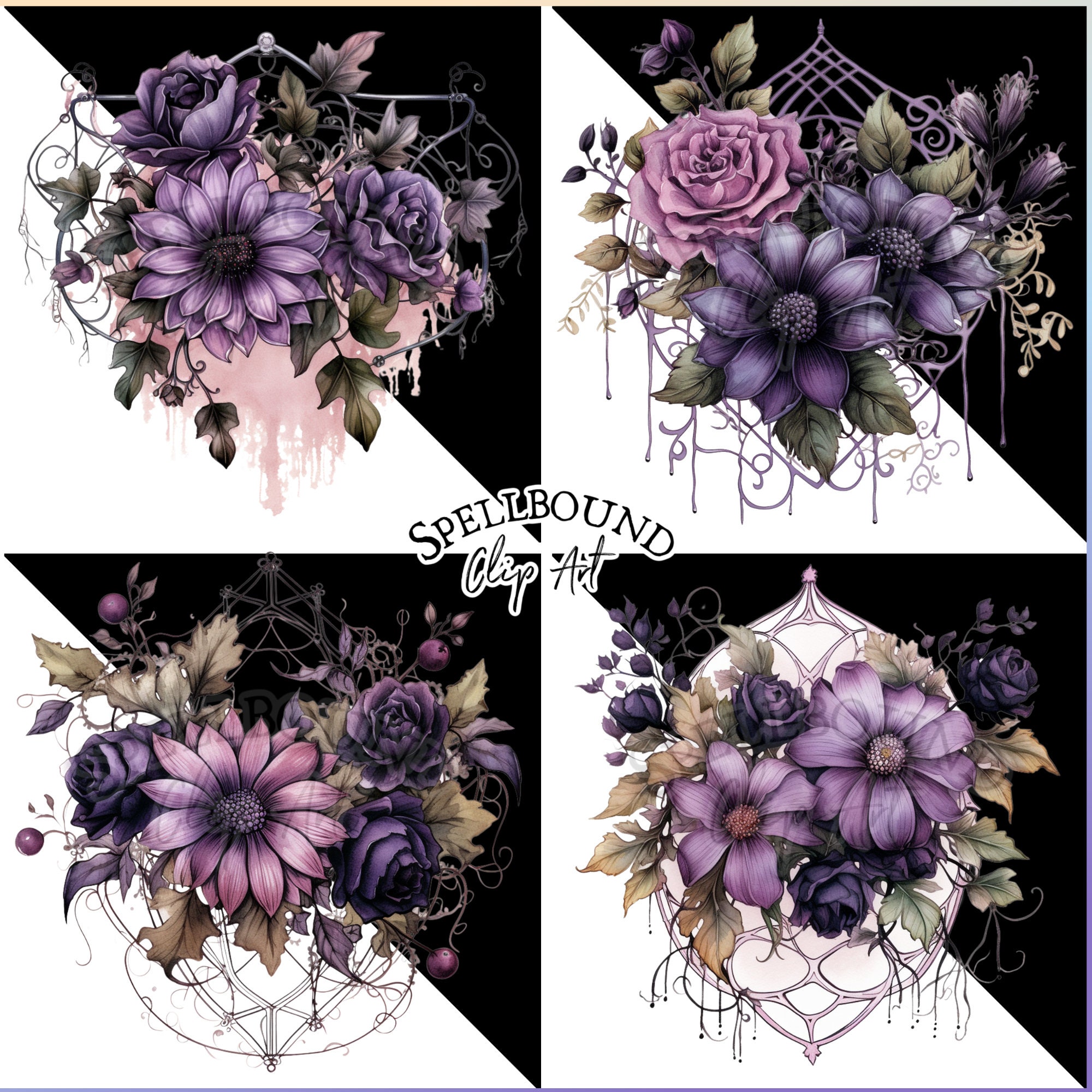 Purple Gothic Flower Bouquets Digital Clipart, Commercial Use, Instant ...