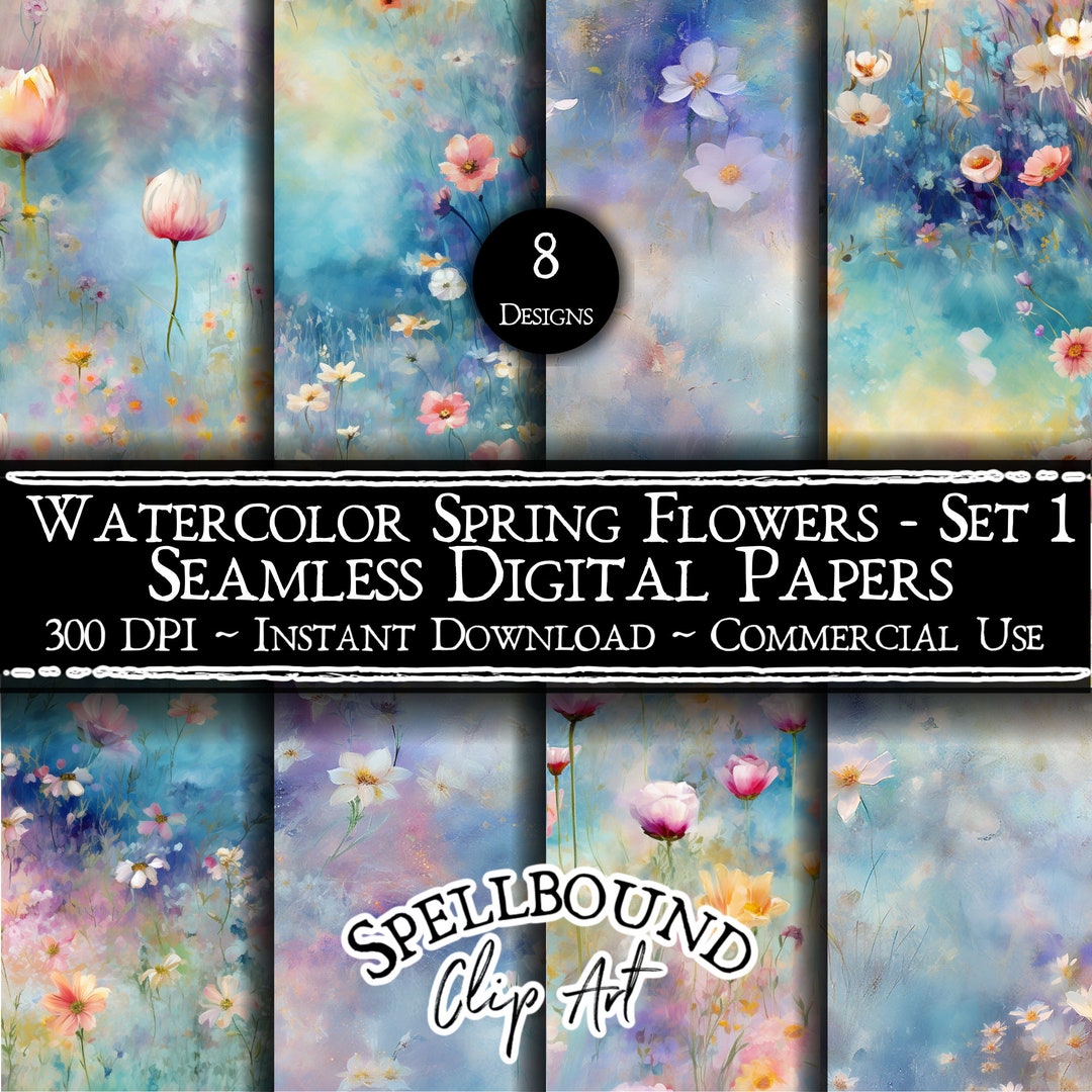 Watercolor Spring Floral Seamless Digital Papers, Commercial Use ...
