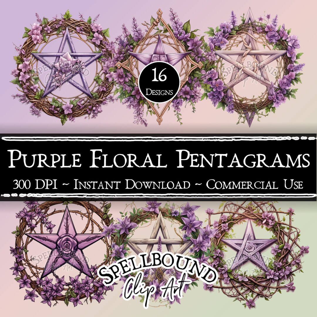 Purple Floral Pentagrams Digital Clipart, Commercial Use, Instant Download, Pagan Clip Art ...
