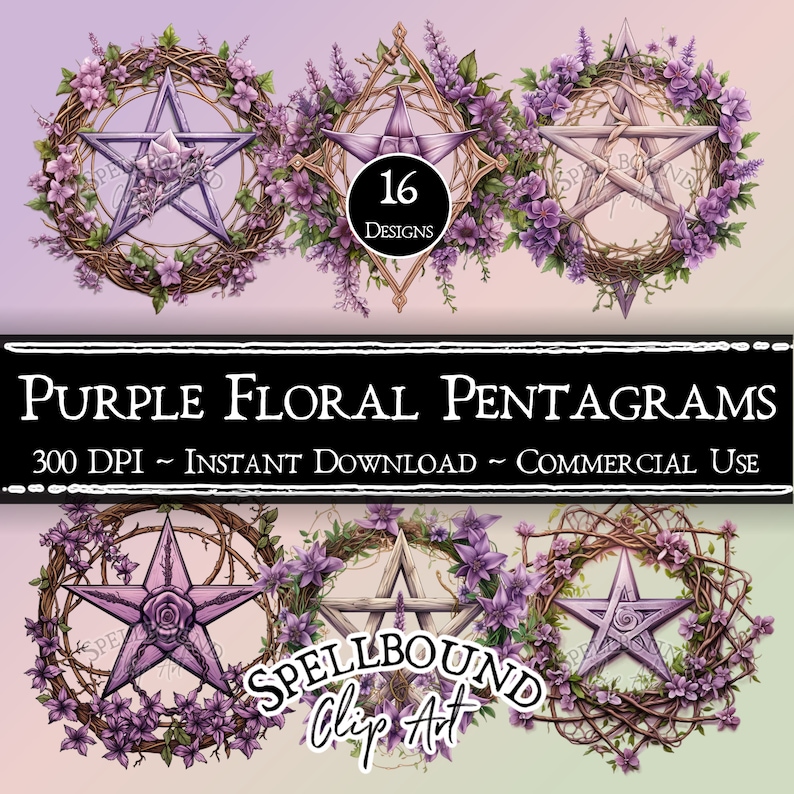 Purple Floral Pentagrams Digital Clipart, Commercial Use, Instant ...